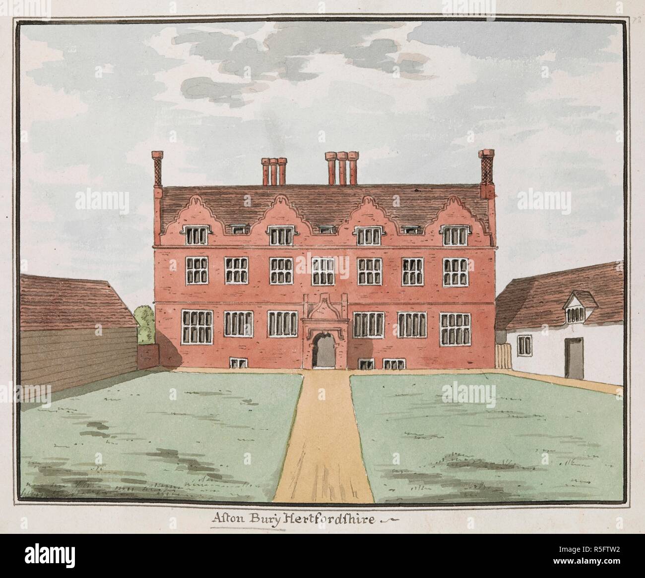 The facade of Aston Bury House in Bedfordshire: a red brick, sixteenth ...