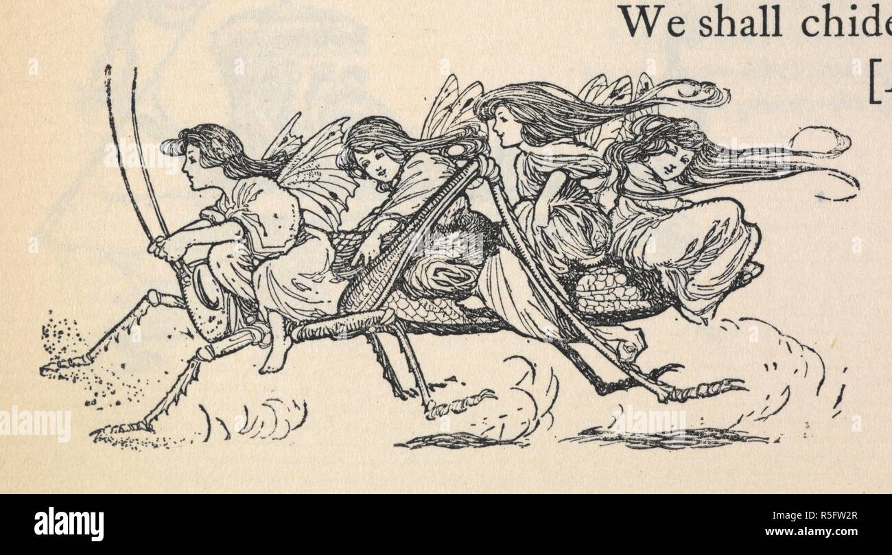 A scene from a play by Shakespeare. Fairies riding a grasshopper. The ...