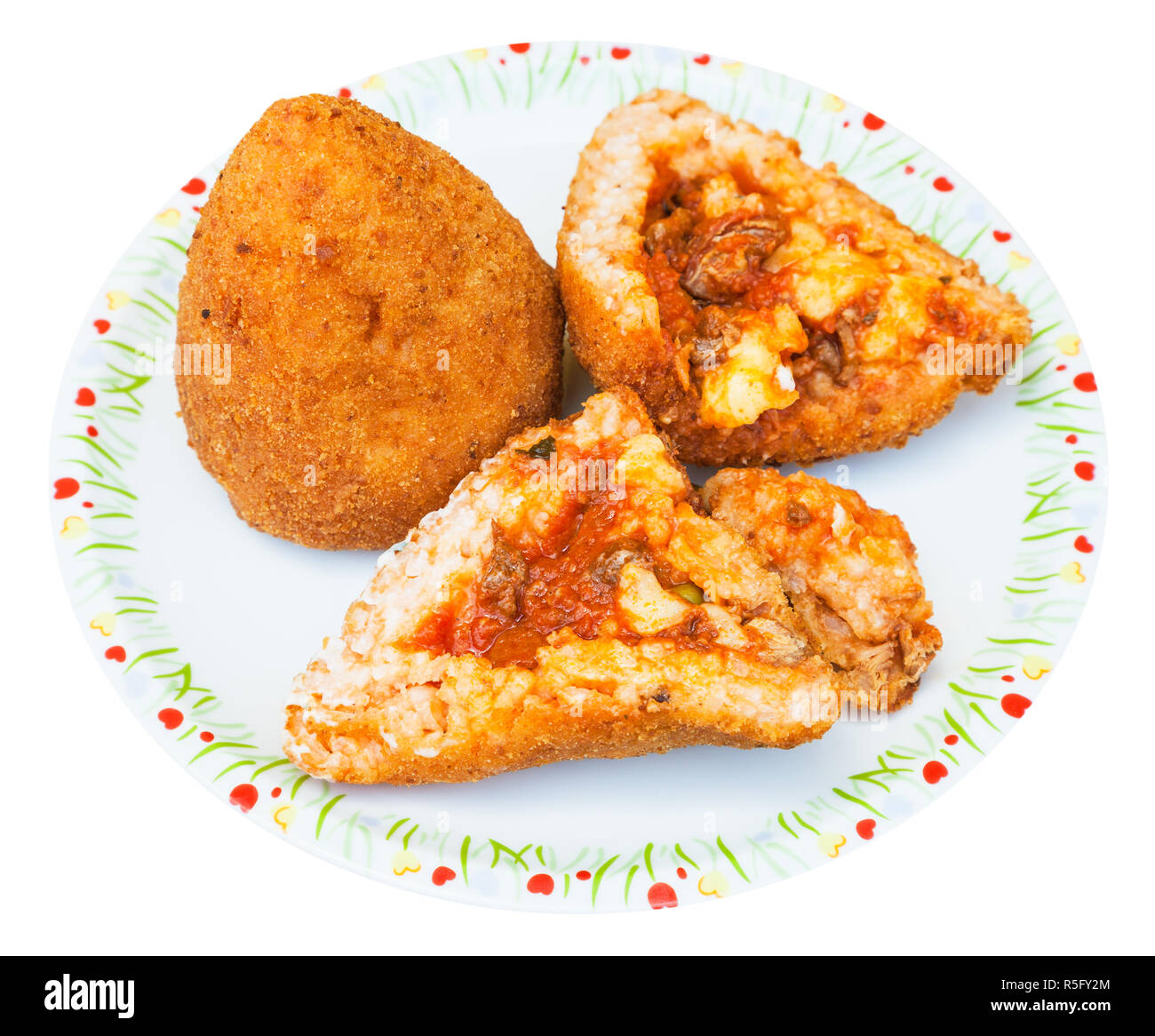 ragu stuffed rice balls arancini on plate isolated Stock Photo - Alamy