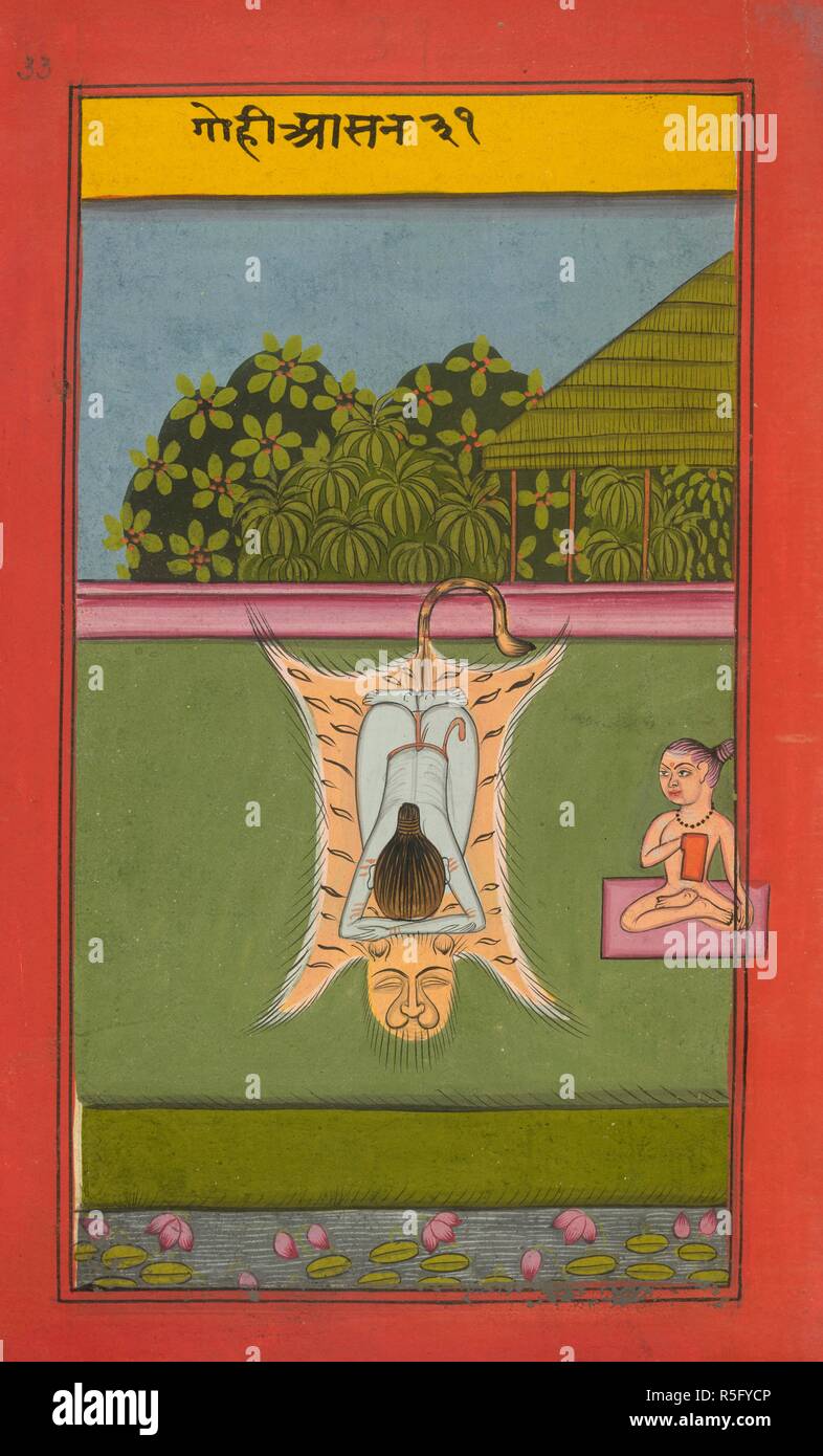 A yogi. Asanas and Mudras (Hata yoga). 19th century. A yogi on a tiger ...