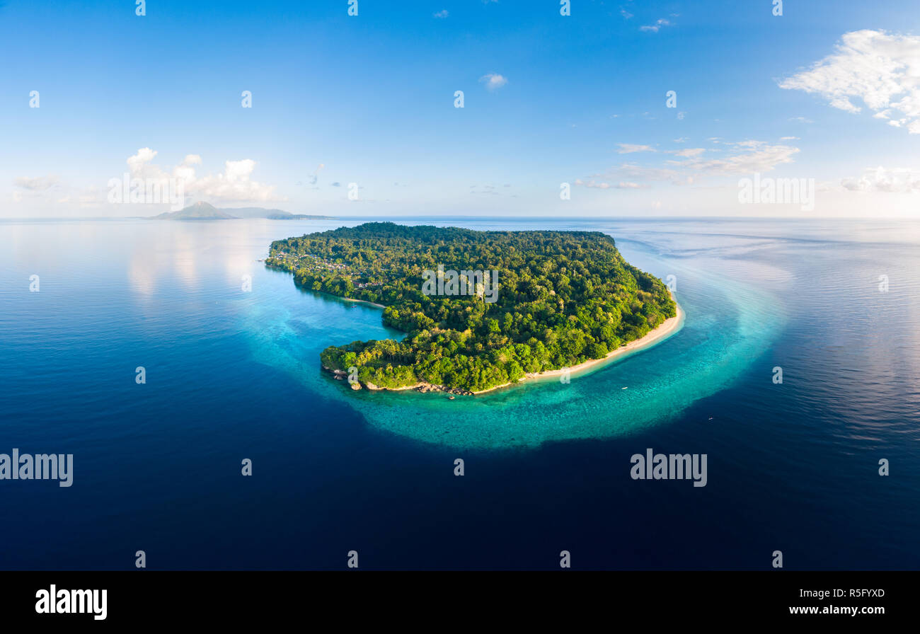 Aerial view tropical beach island reef caribbean sea. Indonesia ...