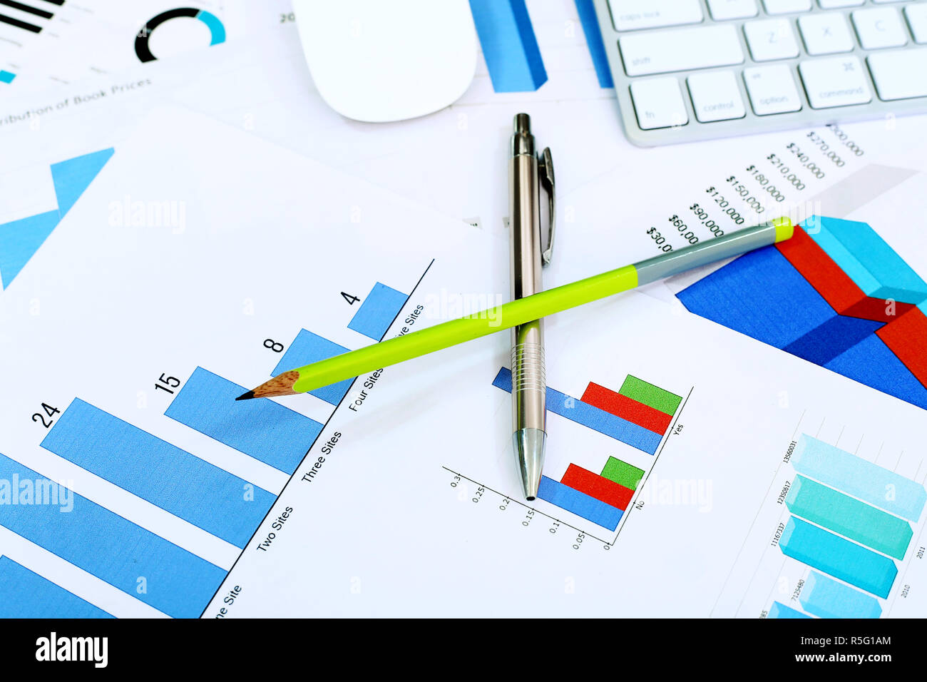 Picture of chart paper, pen, pencil, mouse and keyboard Stock Photo - Alamy