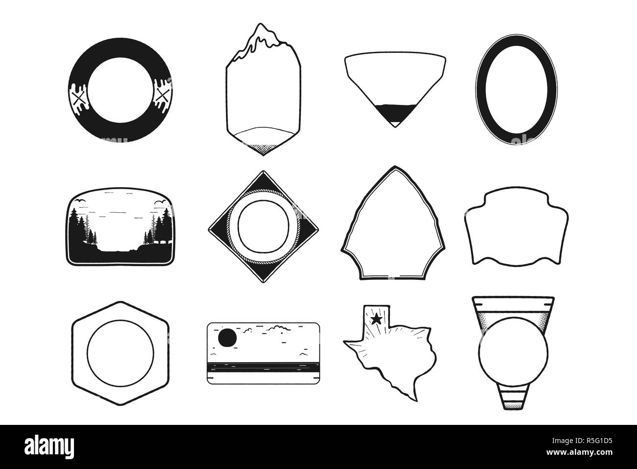Set of black camping badge shapes. Included Texas state icon. Line art ...