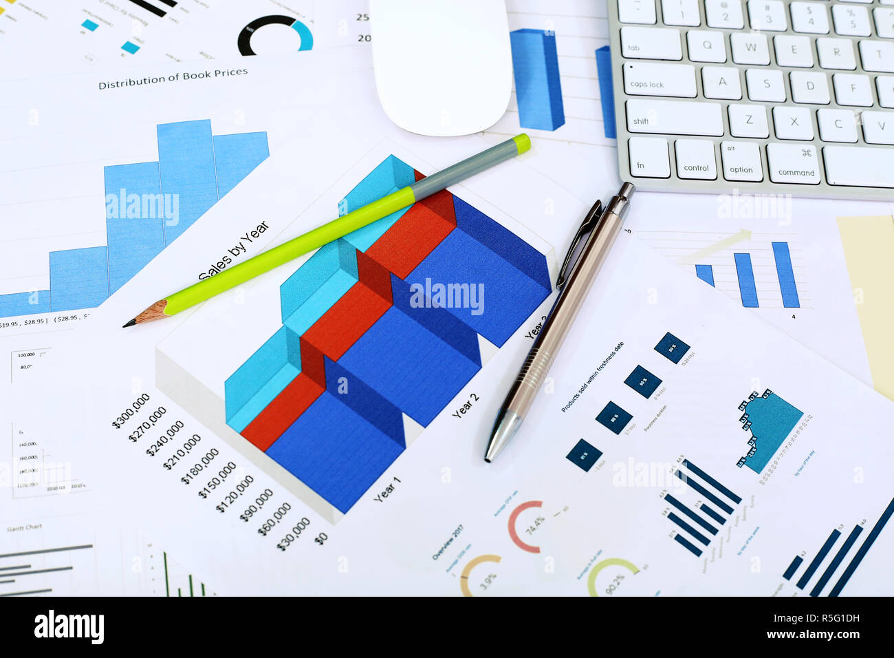 Picture of chart paper, pen, pencil, mouse and keyboard on the table ...