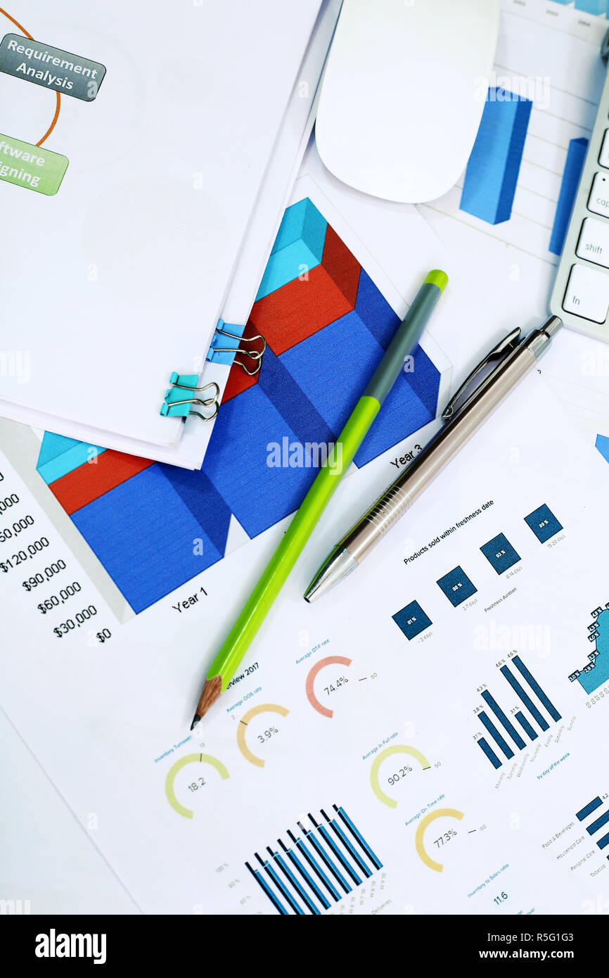 Picture of financial chart paper, pen, mouse and pencil Stock Photo - Alamy