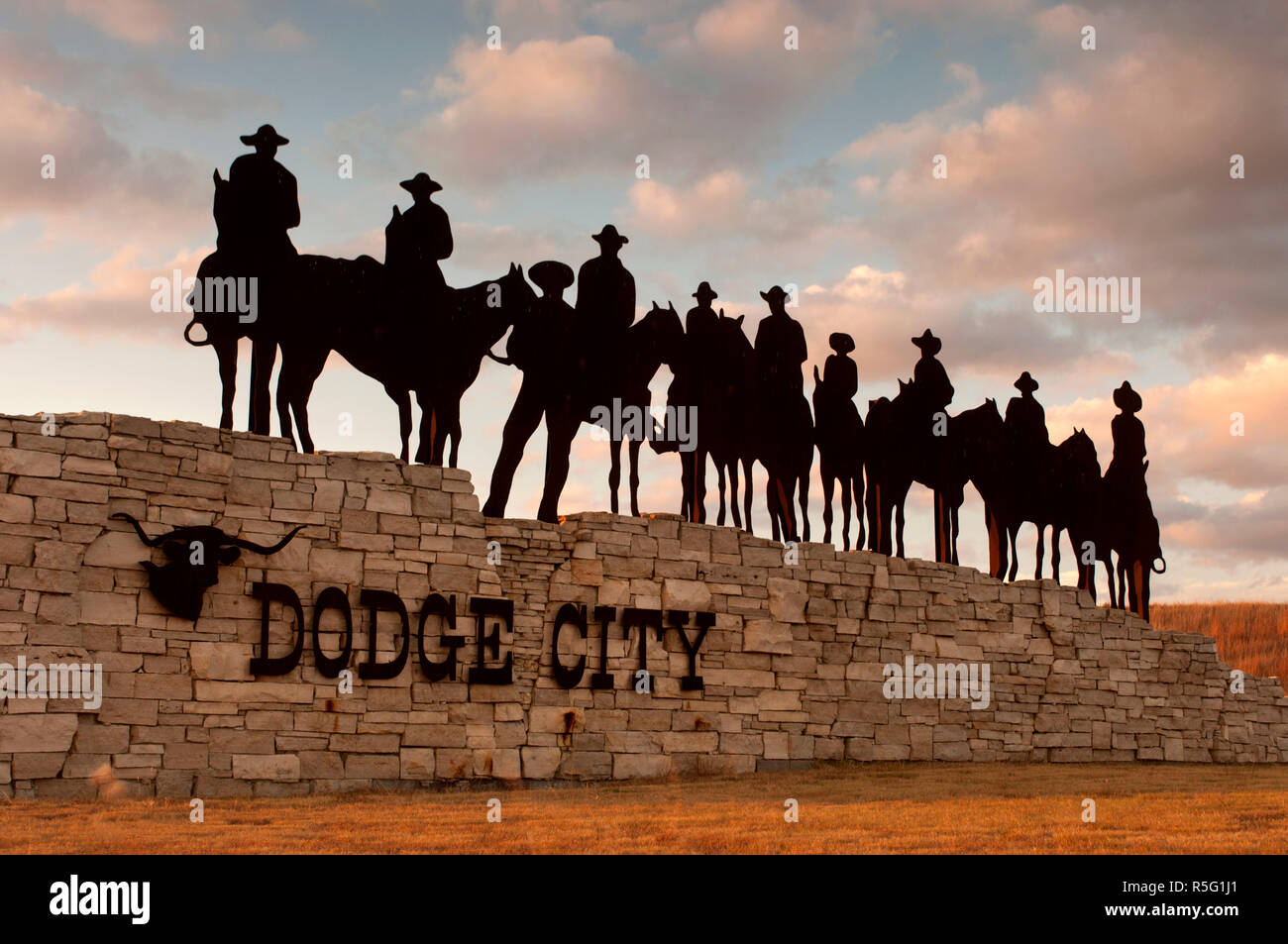 USA, Kansas, Dodge City, Silhouetted Ghost Riders Welcoming Sign, Metal ...