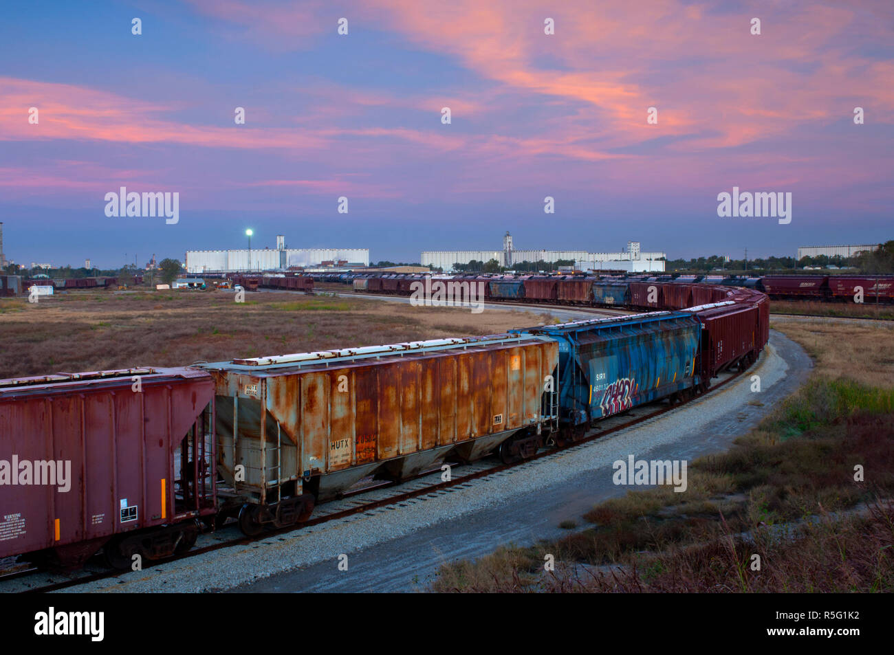 USA, Kansas, Hutchinson, Train Terminal, Loading Grain Into Trains ...