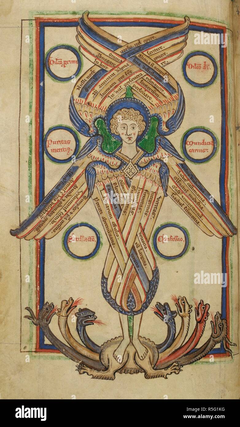 An angel (seraph?) standing on a seven-headed dragon, with text ...