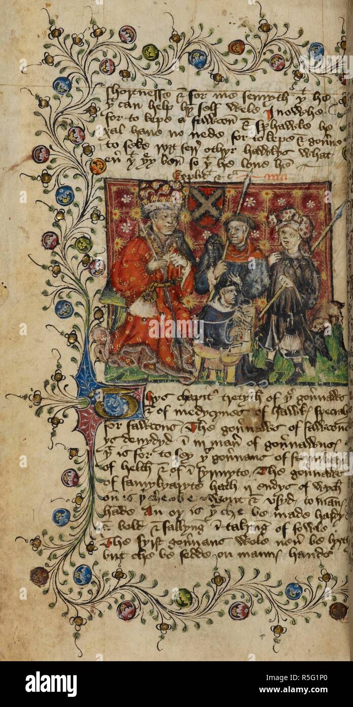 Half-page miniature with Cosmas, Ypocras below, and two men with spears ...
