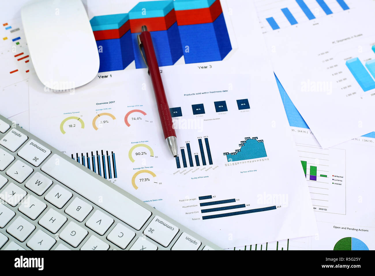 Portrait of financial graph paper, mouse, keyboard and pen Stock Photo ...
