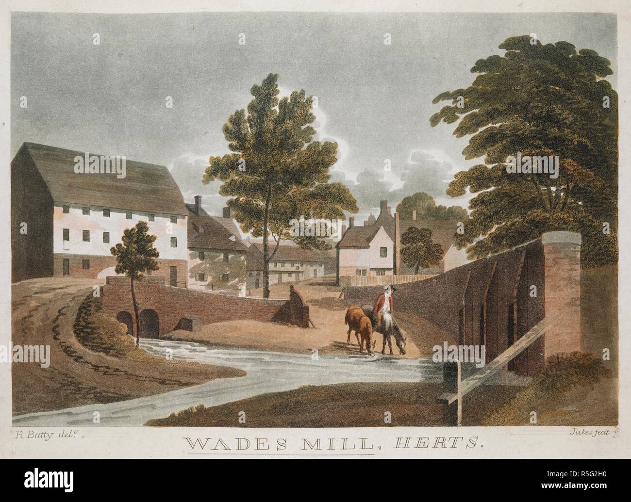 A figure with two horses drinking from a river; a bridge on the left; a ...