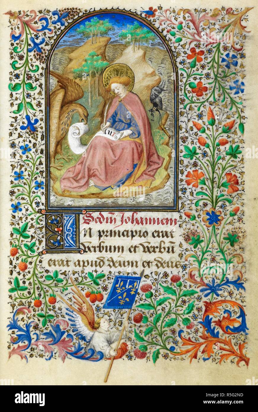Miniature of John the Evangelist writing on a scroll on the island of ...