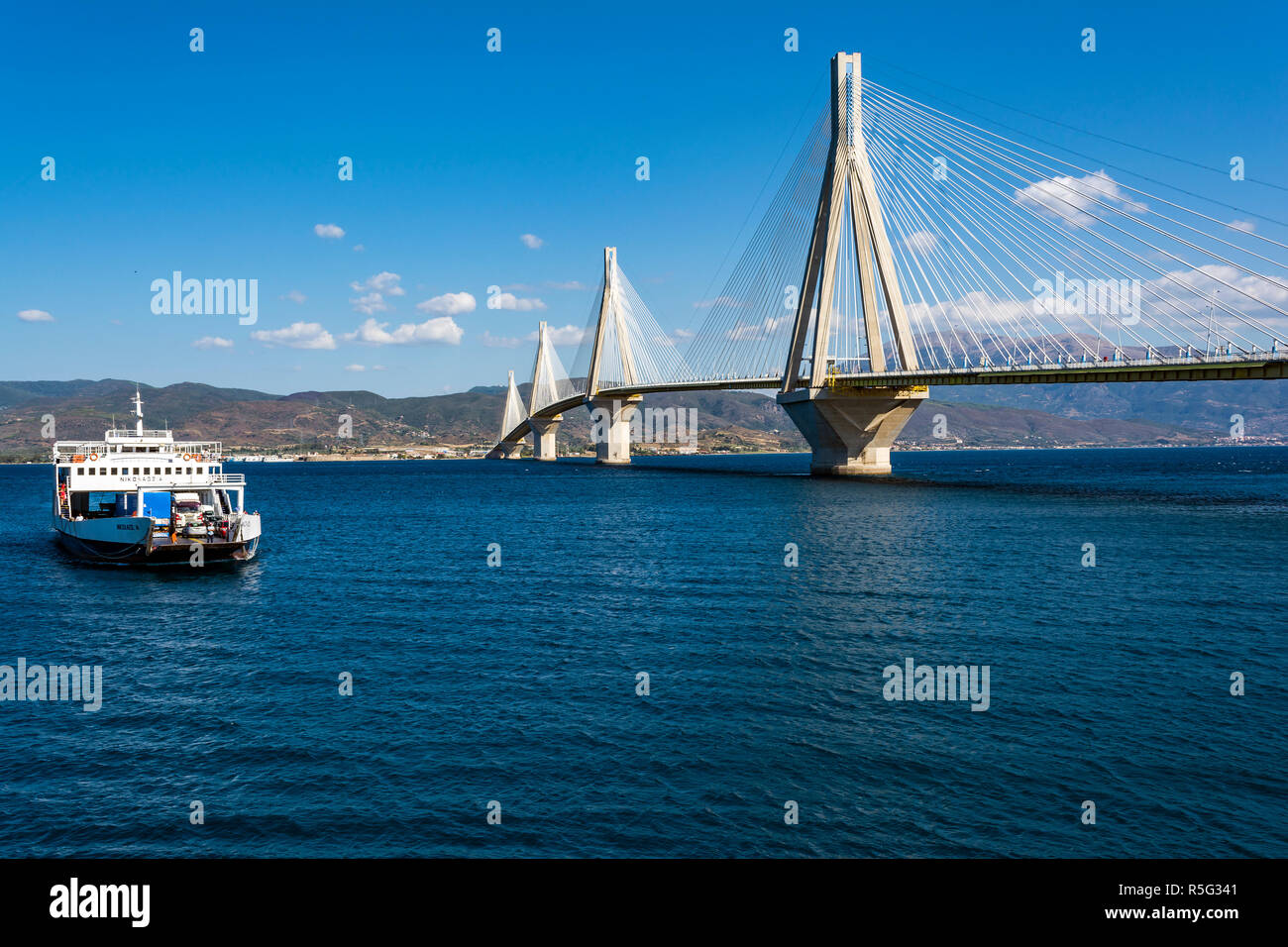 Cable-stayed suspension bridge crossing Corinth Gulf strait, Greece. It ...