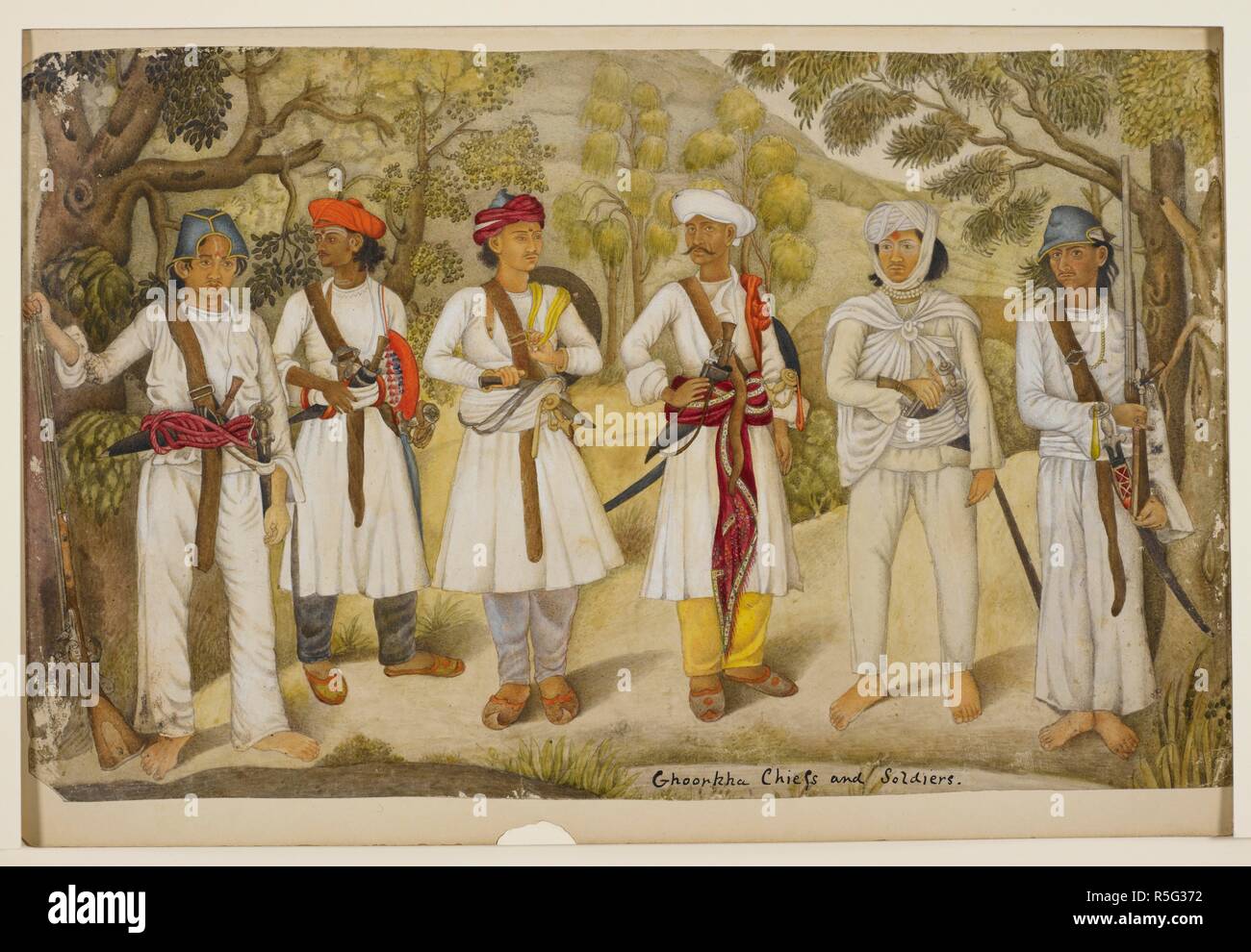 Gurkha chiefs with soldiers standing in a wooded landscape. Inscribed ...