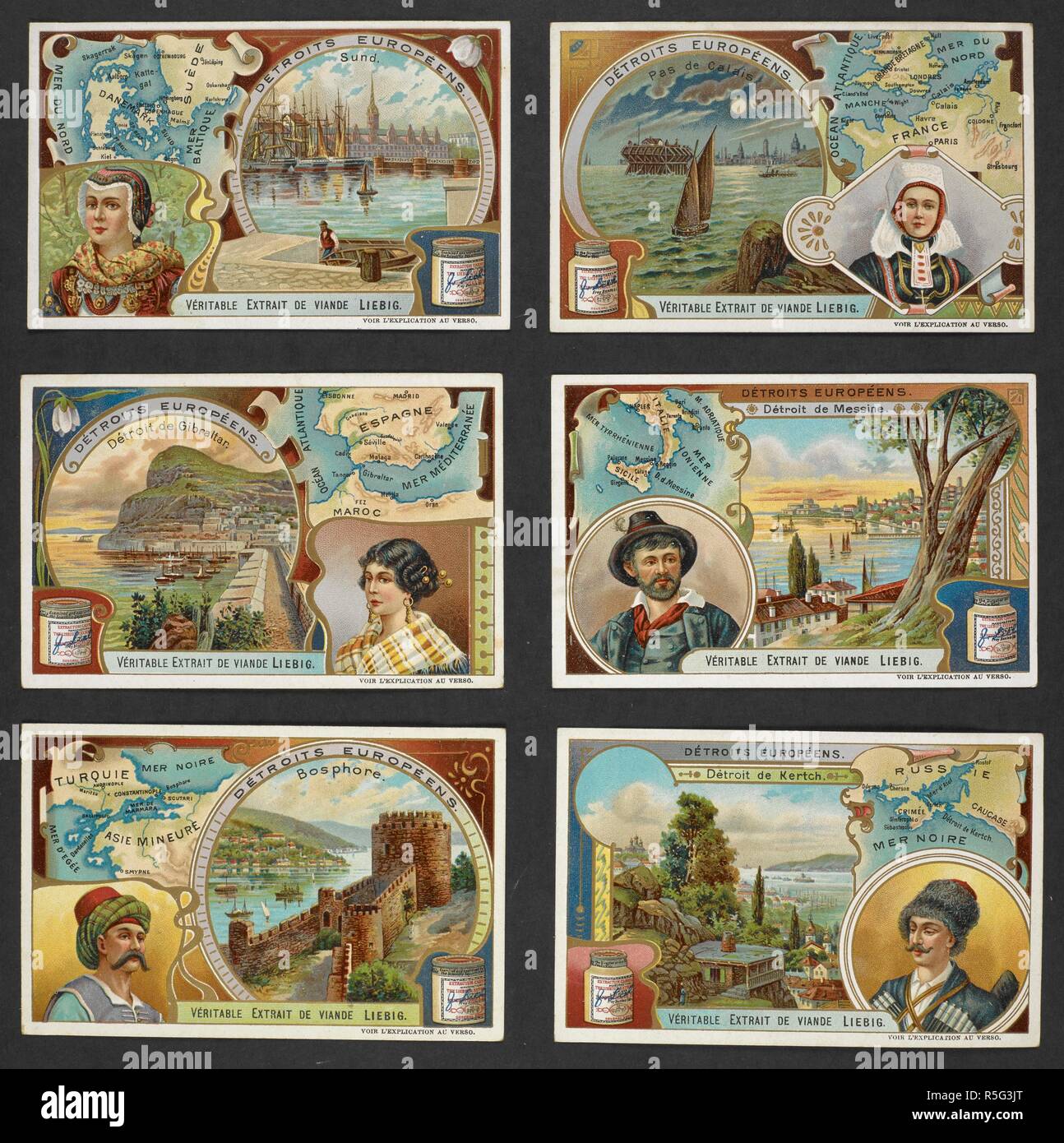 Six trade cards depicting: 'Sund' - 'Pas de Calais' - 'DeÌ troit de ...