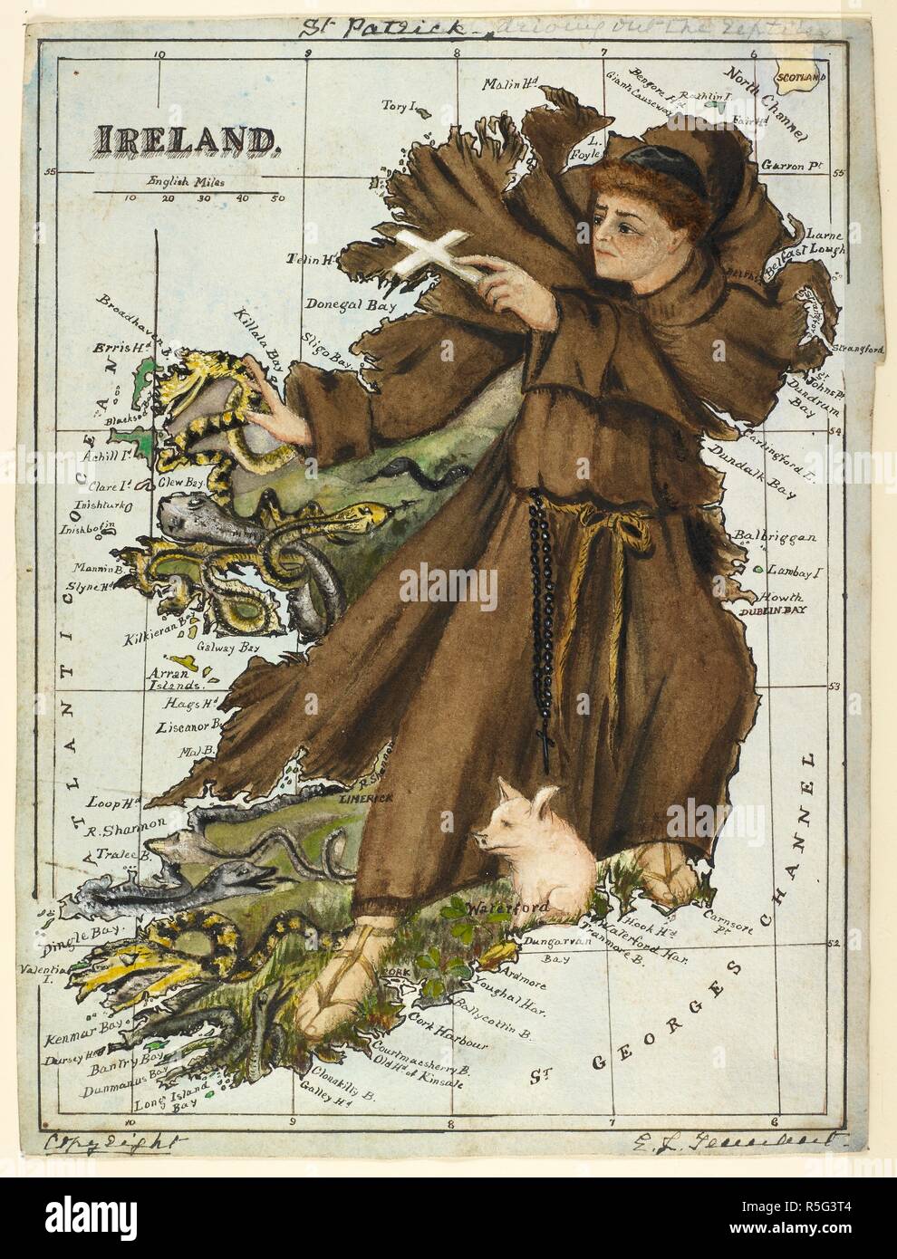 Map of Ireland representing St Patrick driving out the snakes. St ...