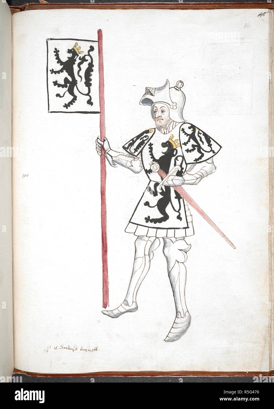 Knight, in armour and tabard, holding a sword and a standard with ...