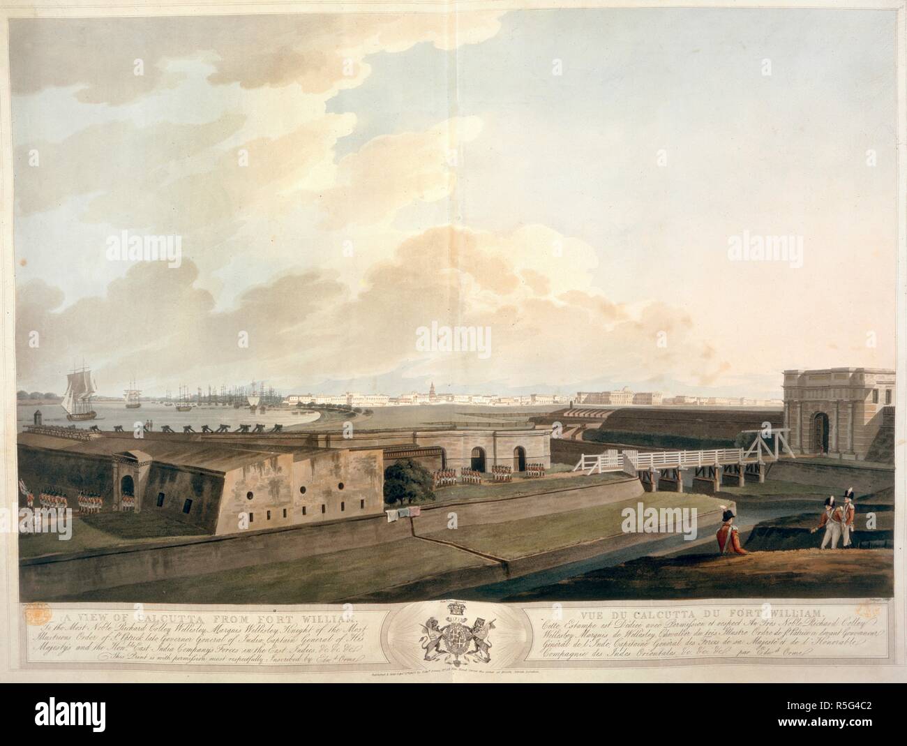 A view over the fortifications with British soldiers marching through ...