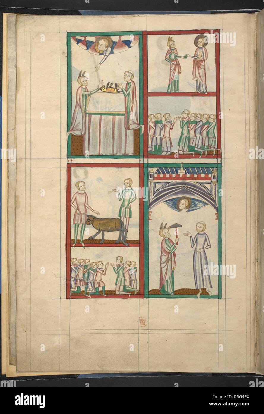 Four miniatures: 1. the Sacrifice of Moses and Aaron; 2. the worship of ...