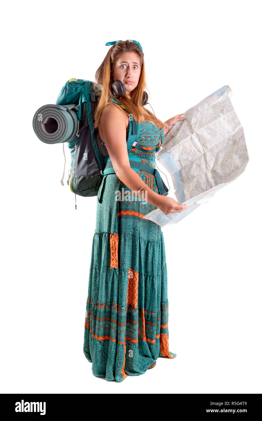 Hiker girl with backpack and map isolated in white, trekking and travel ...