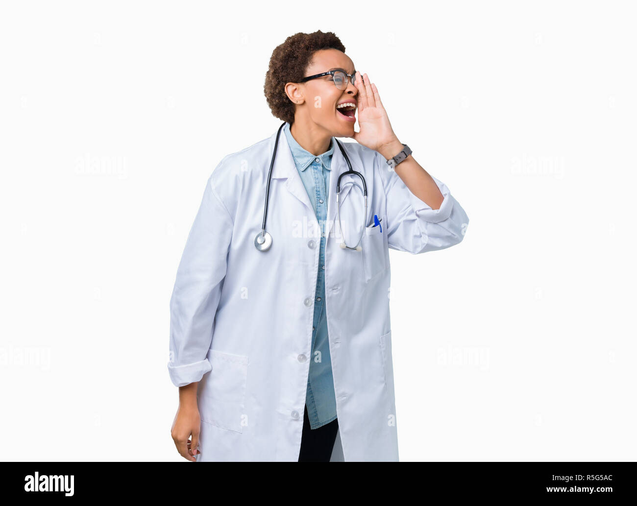 Young african american doctor woman wearing medical coat over isolated ...