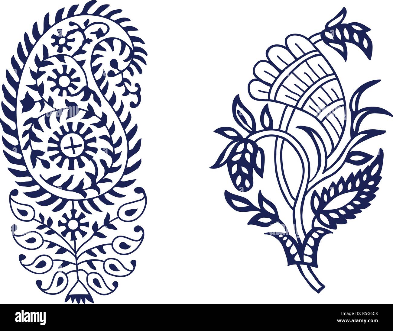 Set of 2 wood block printed paisley floral elements. Traditional ...