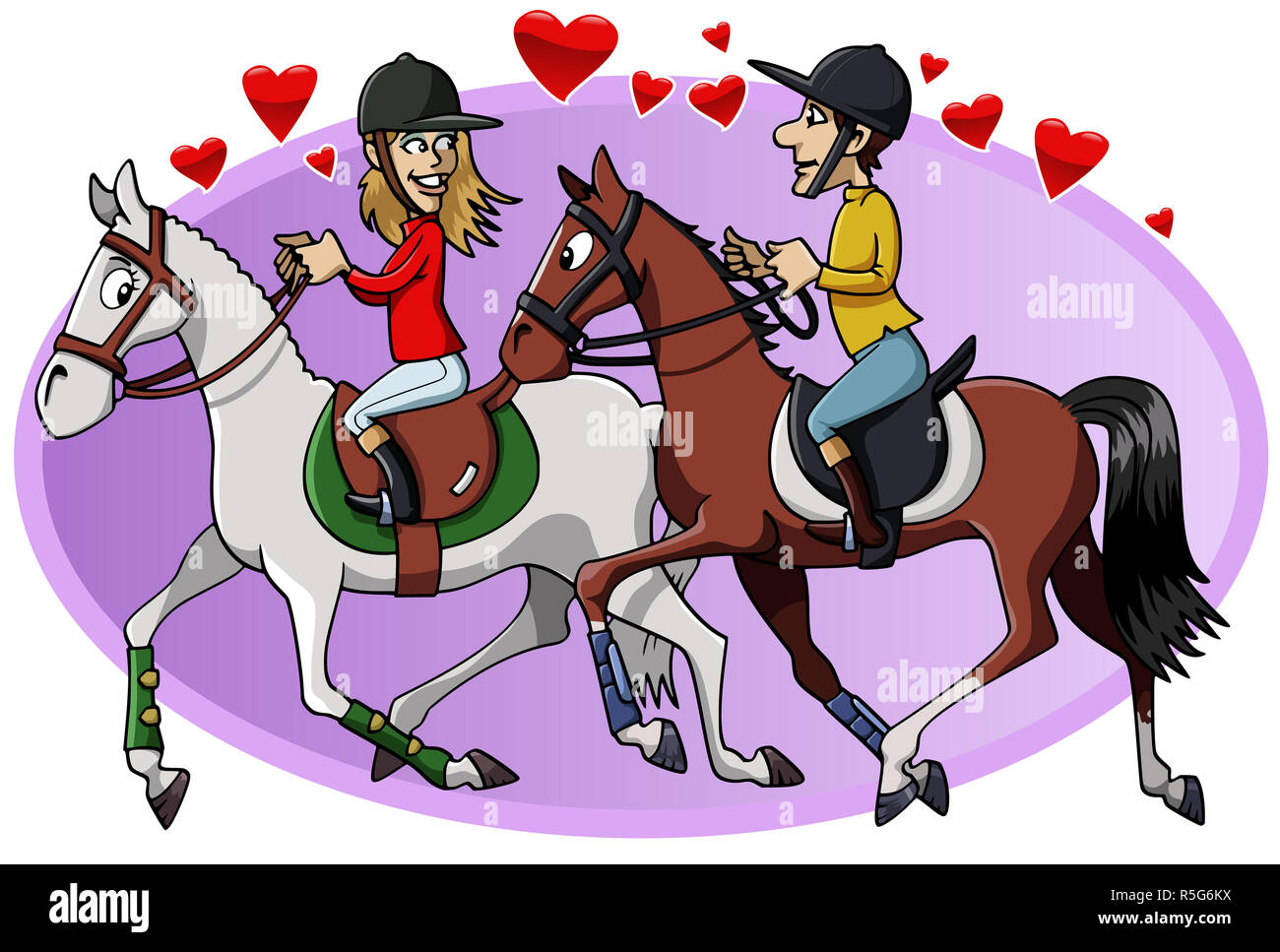 Two young lovers riding their horses Cartoon-style Stock Photo - Alamy