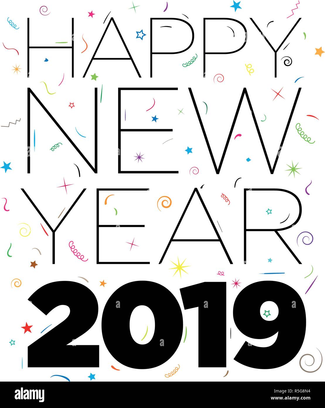 Black Happy New Year 2019 text with confetti elements on white ...