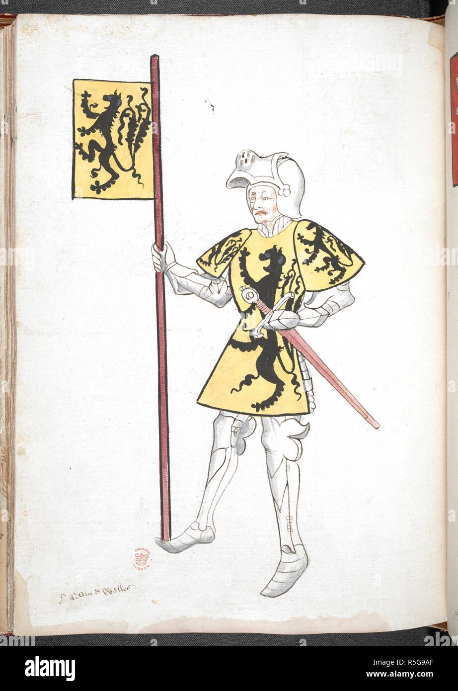 Knight, in armour and tabard, holding a sword and a standard with ...
