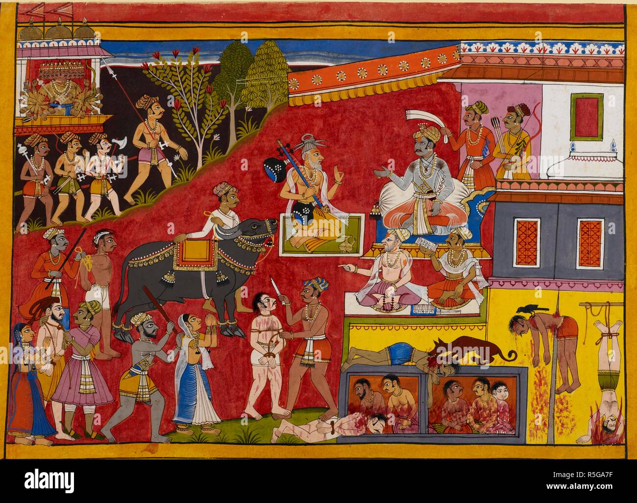 Ravana is shown on his Pushpaka chariot on the left, descending with ...