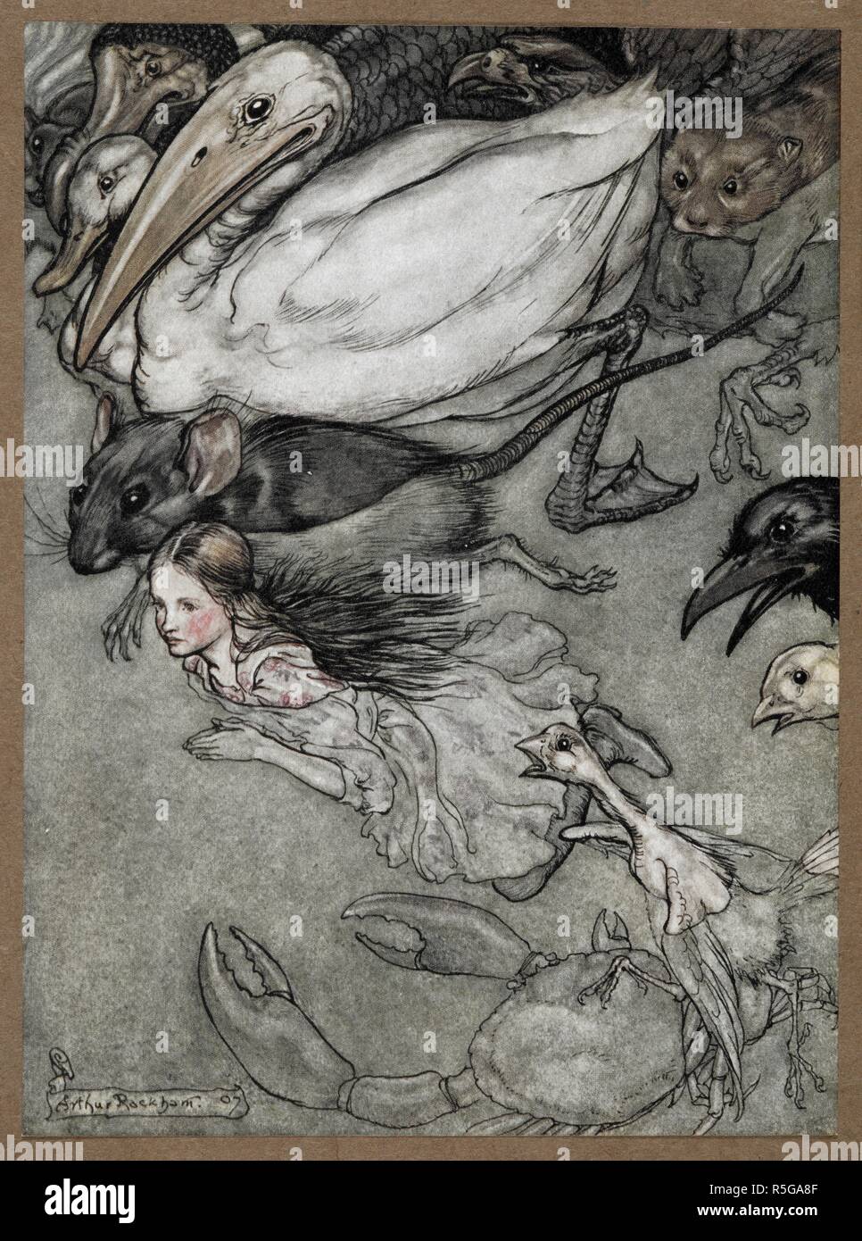 Alice and various animals swimming, including a rat, a duck, a dodo, a ...