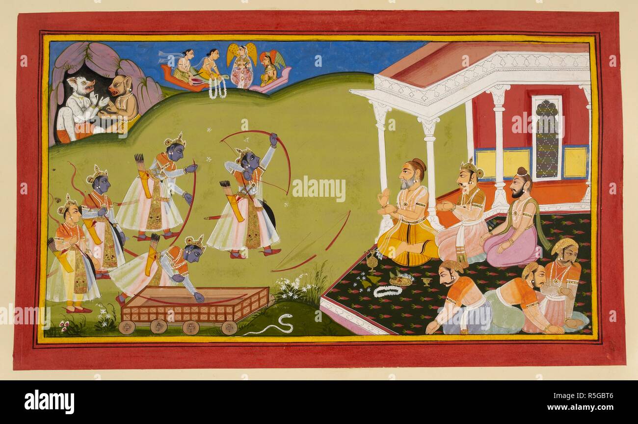 Rama breaks Siva's bow. Ramayana, Bala Kanda. Udaipur, 1712. Rama is ...