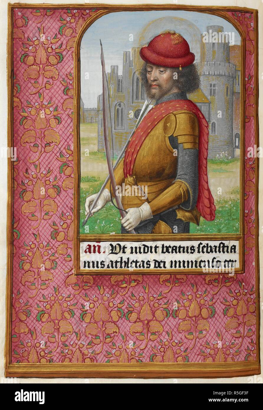 Saint Sebastian, holding a bow and arrow. A pink border. Hours of the ...