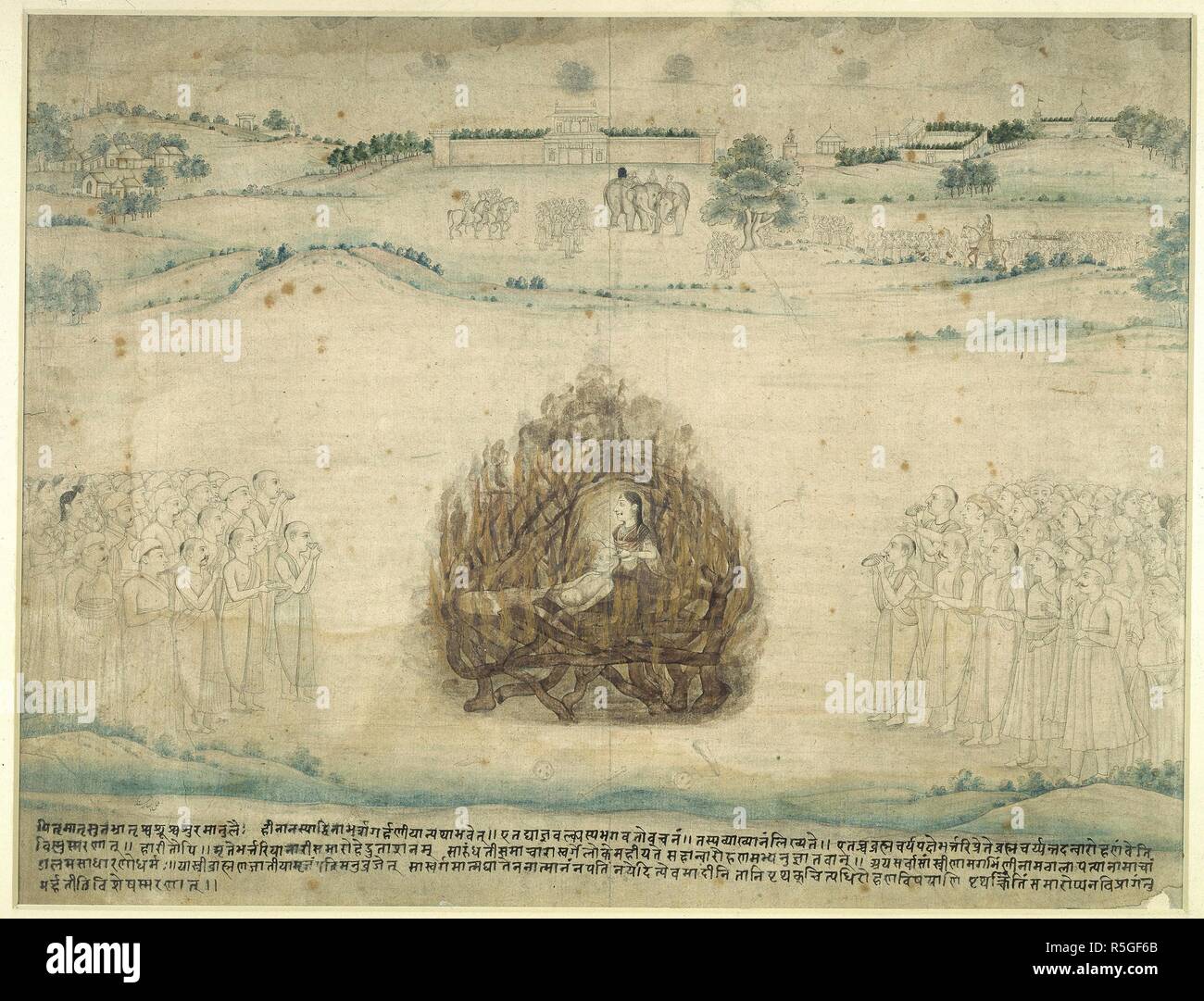 The rite of sati. A woman is seated in the midst of a funeral pyre, her ...