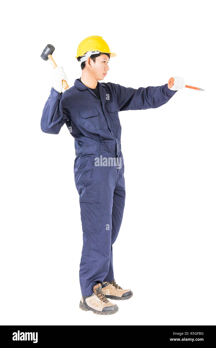 Man hold hammer and cold chisel on white Stock Photo - Alamy