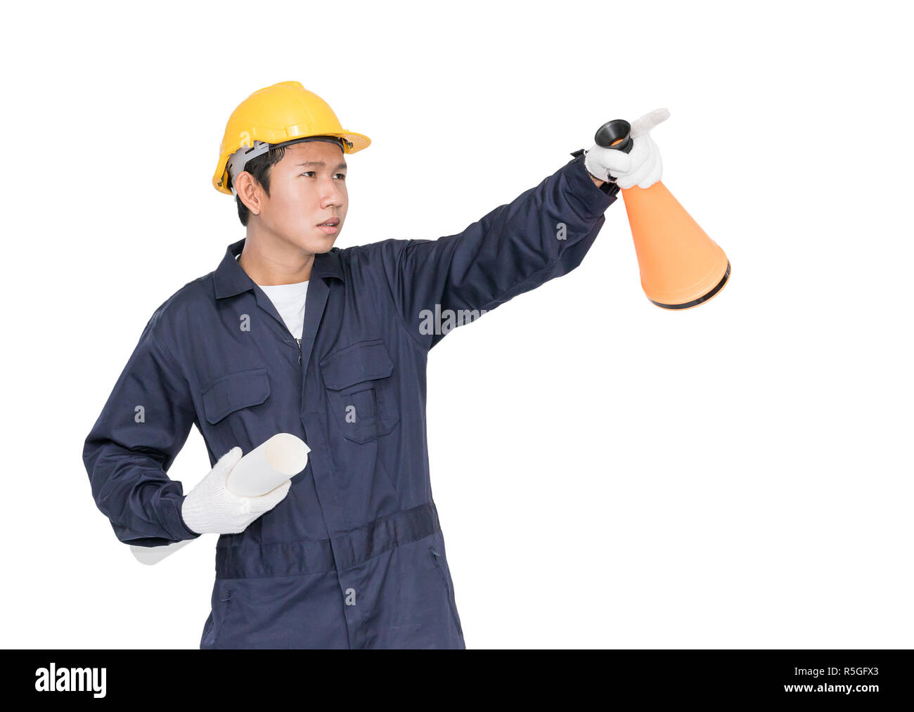 Young worker shouting for announce through a megaphone Stock Photo - Alamy