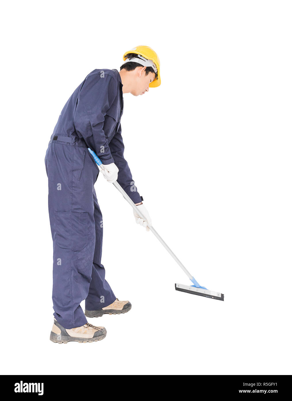 Young man hold squeegee window cleaner isolated on white Stock Photo ...