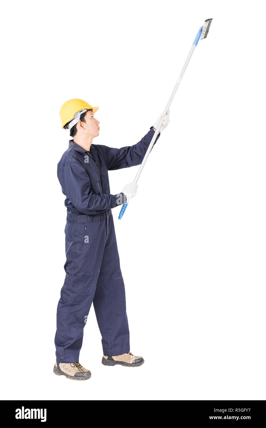 Young man hold squeegee window cleaner isolated on white Stock Photo ...