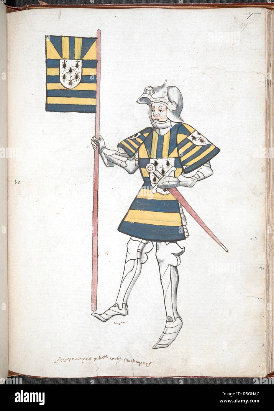 Coloured drawing of a knight in armour and tabard. Legh's Men of Arms ...