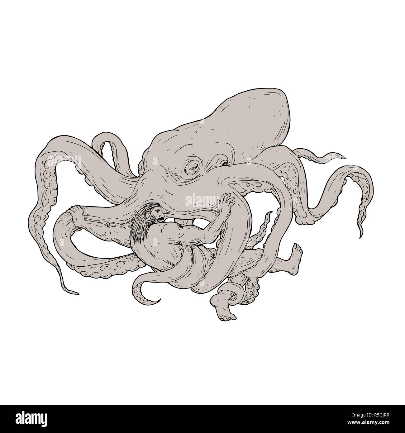 Hercules Fighting Giant Octopus Drawing Stock Photo - Alamy