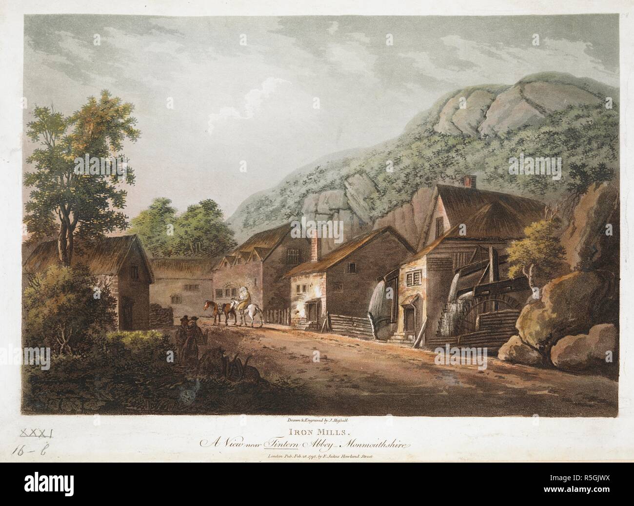 Iron Mills, a View near Tintern Abbey. Buildings by a hillside; a horse ...