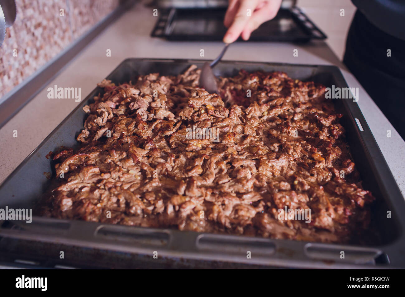Beef Cheese Sliced Chef Cook's Hand Stock Photo - Alamy