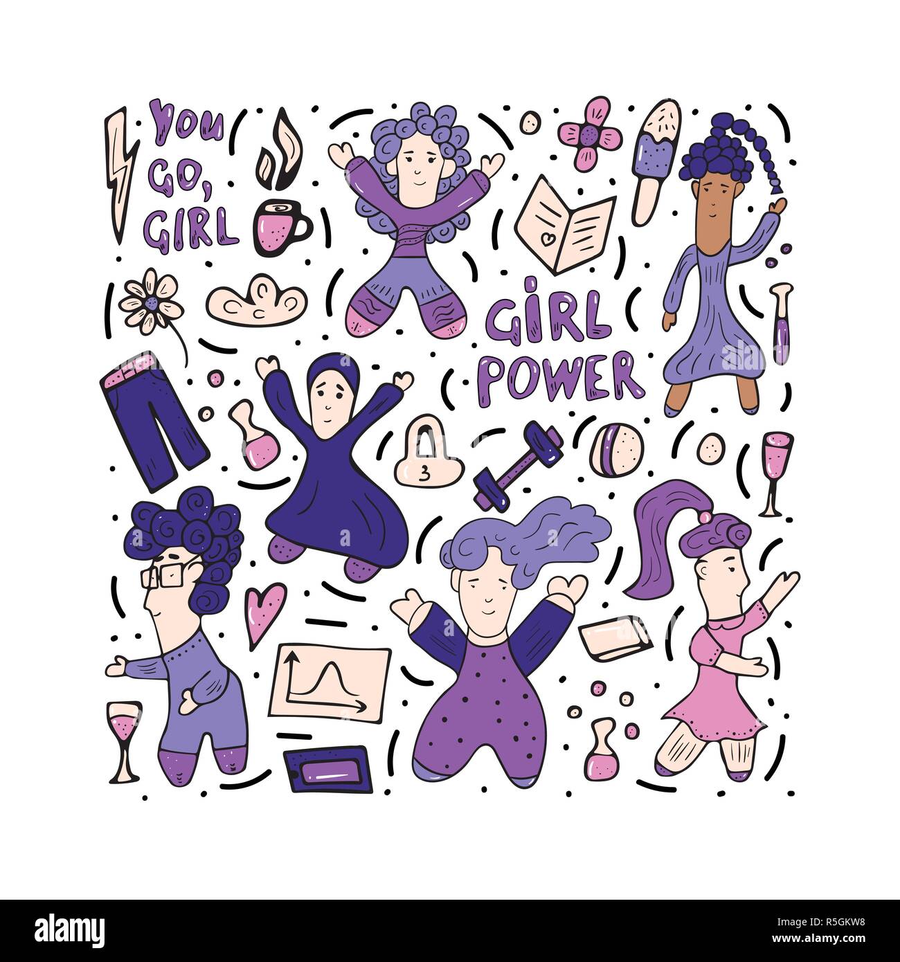 Vector illustration of girl power. Composition in doodle style with ...