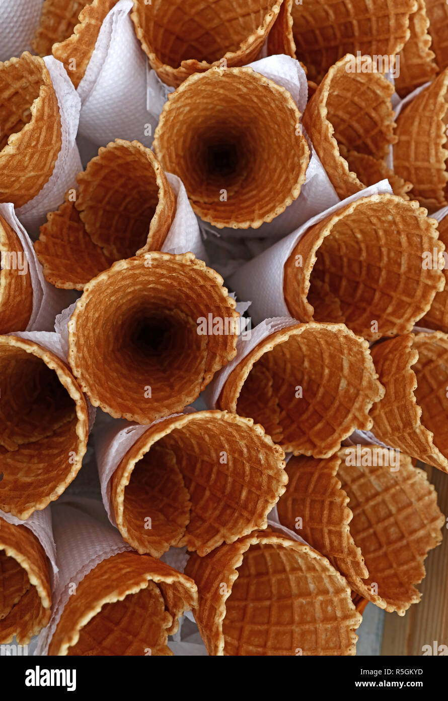 Wafer ice cream cone cornet cups close up Stock Photo - Alamy
