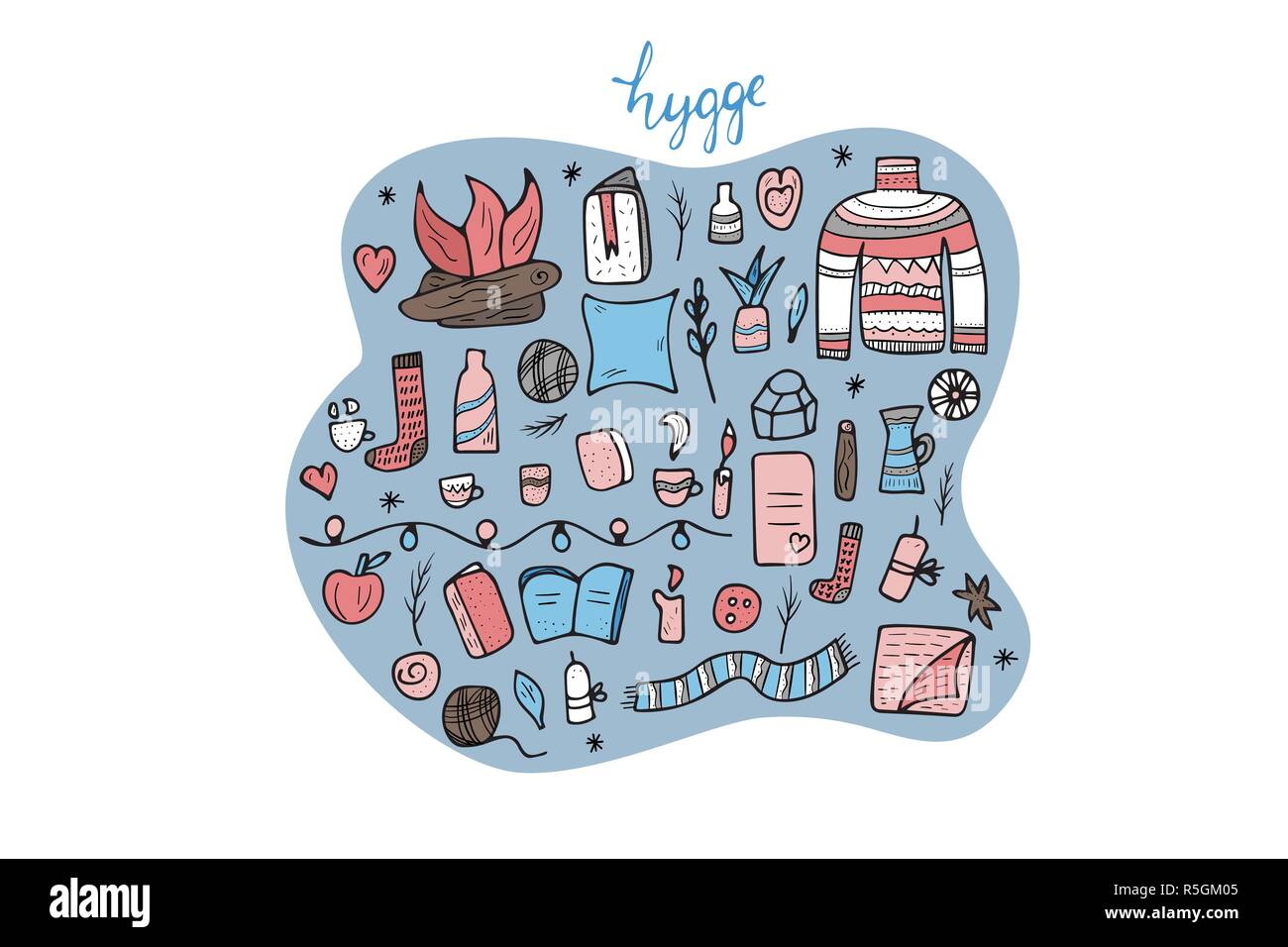 Hygge concept. Vector isolated symbols of comfort in doodle style. Set ...