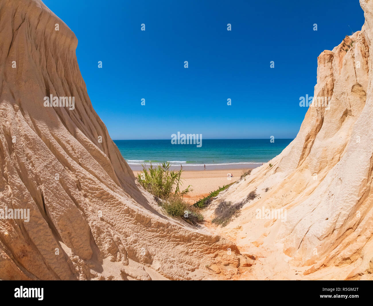 View through rocks to the sea, beach, Atlantic Ocean, Alentejo ...