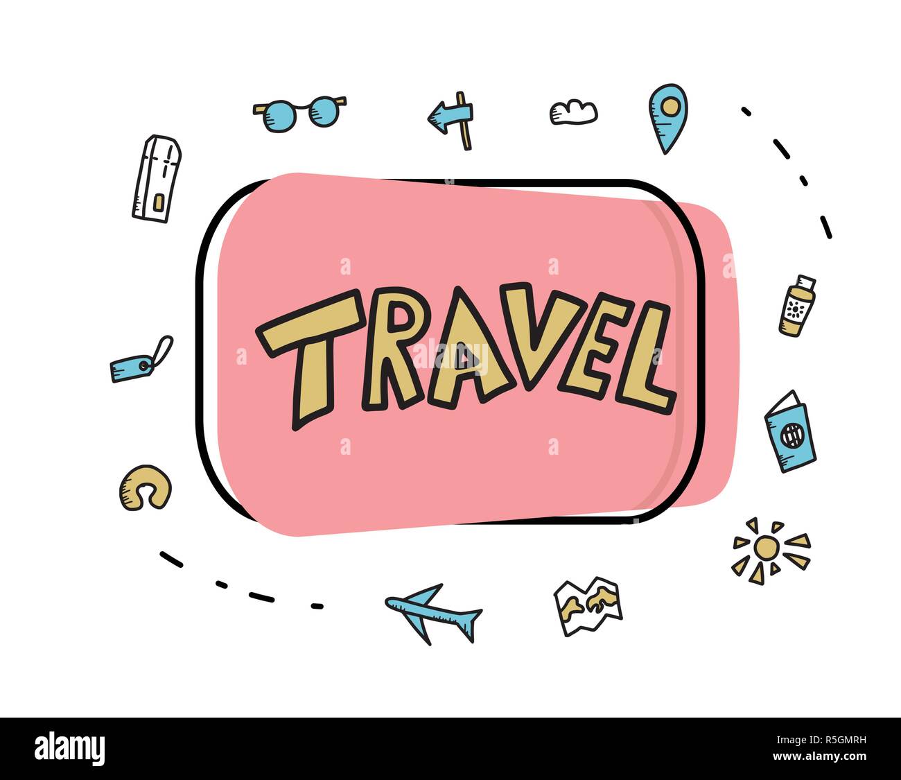 Set of travel symbols in doodle style. Hand drawn vector badge with ...