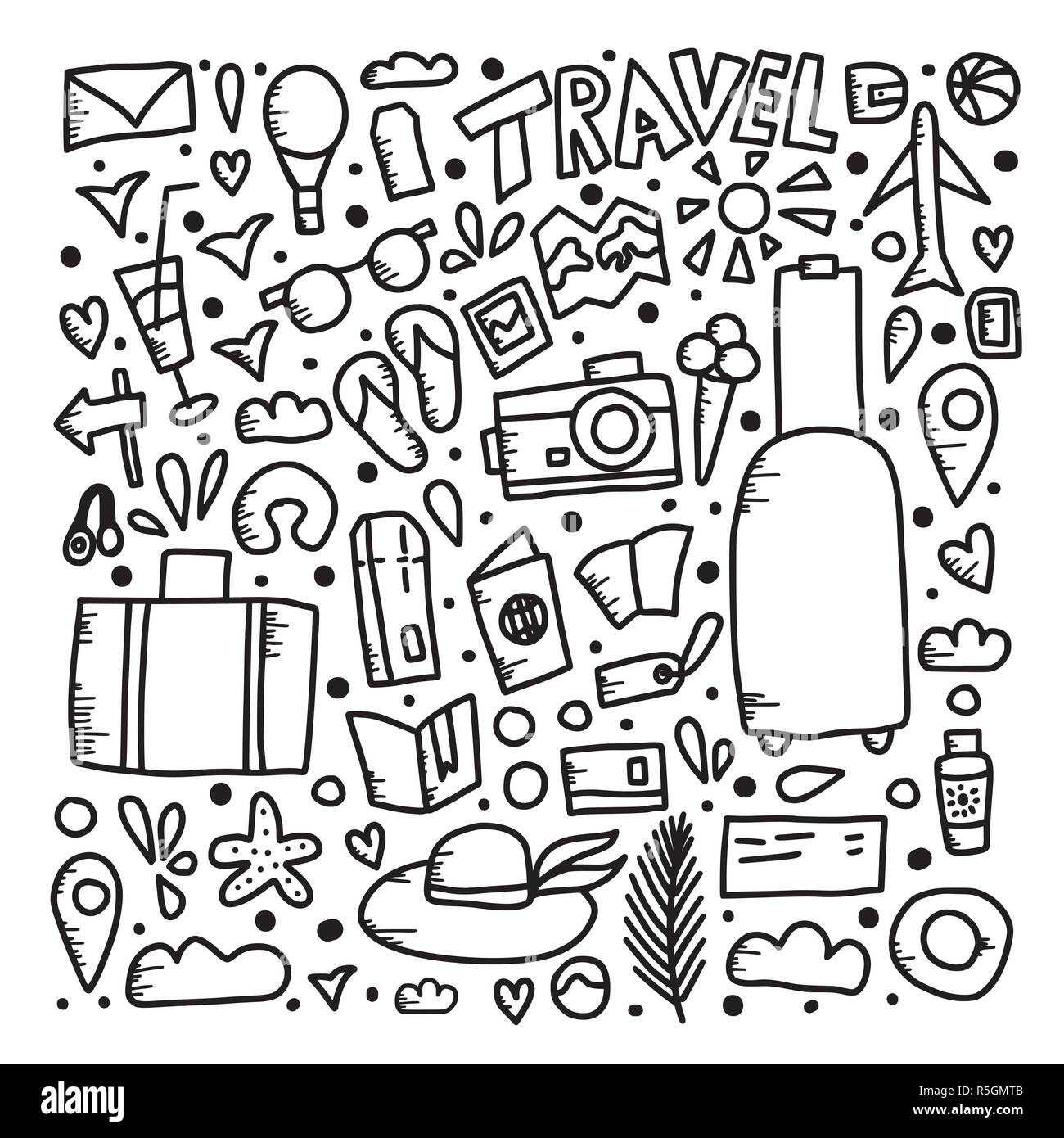 Set of travel symbols in doodle style. Hand drawn vector trip elements ...