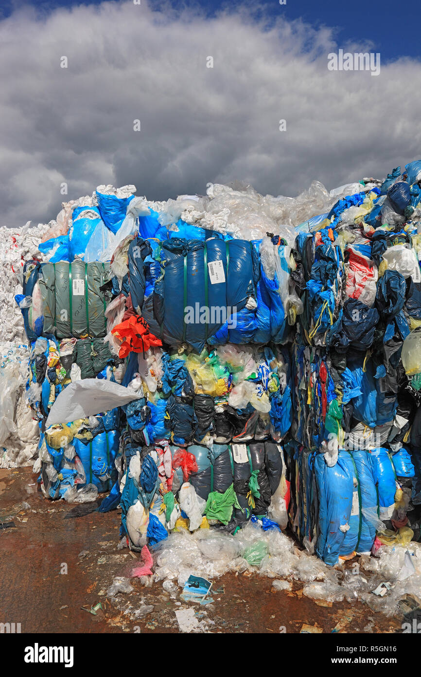 Plastic film in bales for recycling in a recycling plant, Germany Stock ...