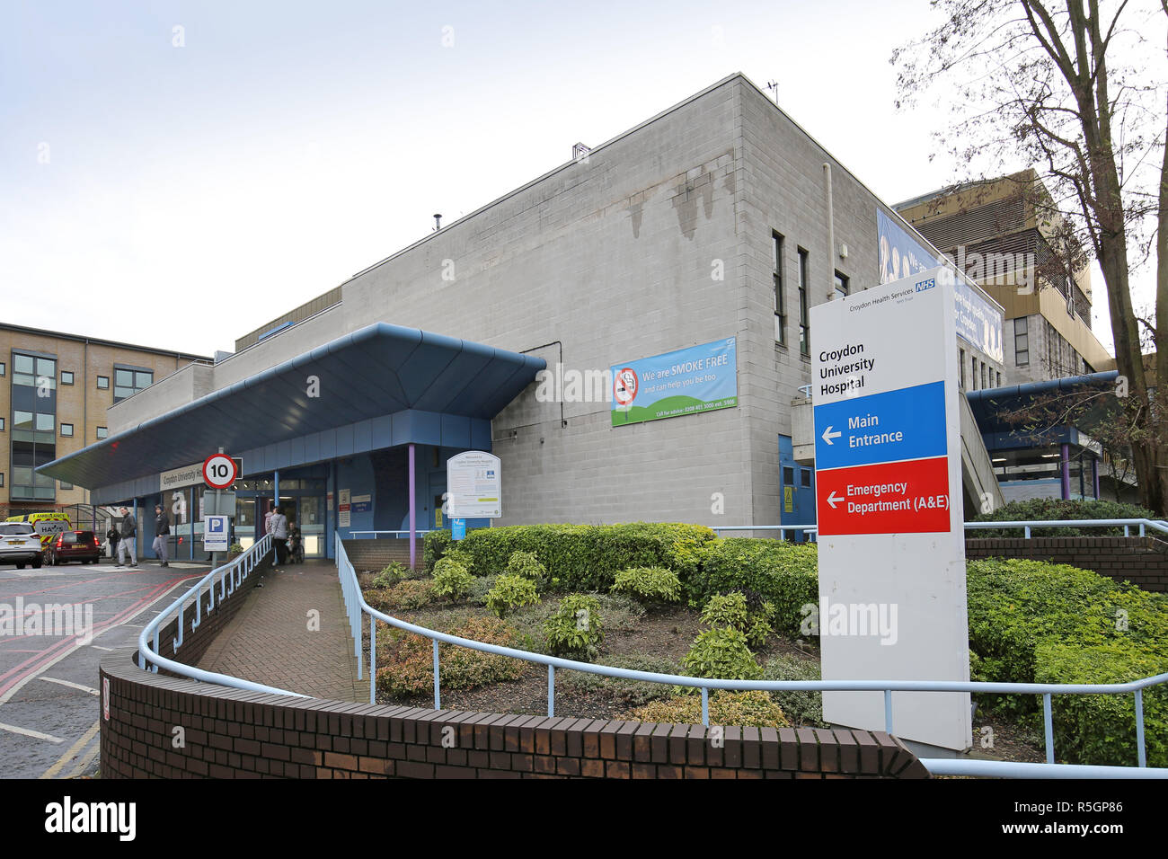 The main entrance to Croydon University Hospital in South London, UK. A ...